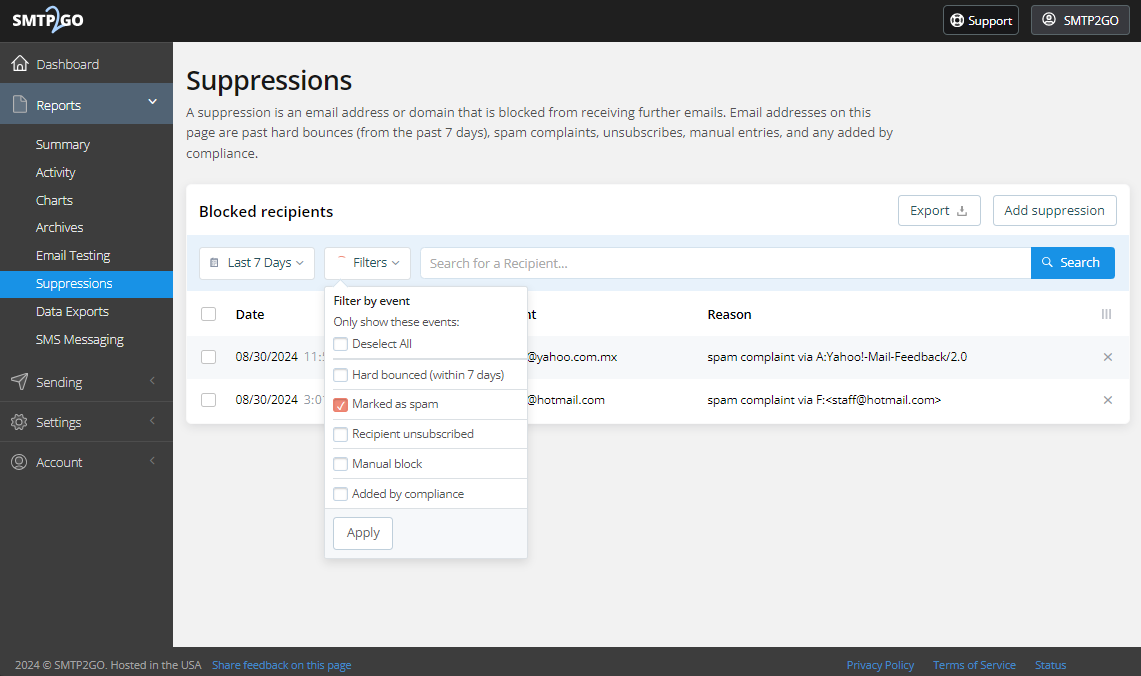 Suppressions – SMTP2GO Support Support Desk